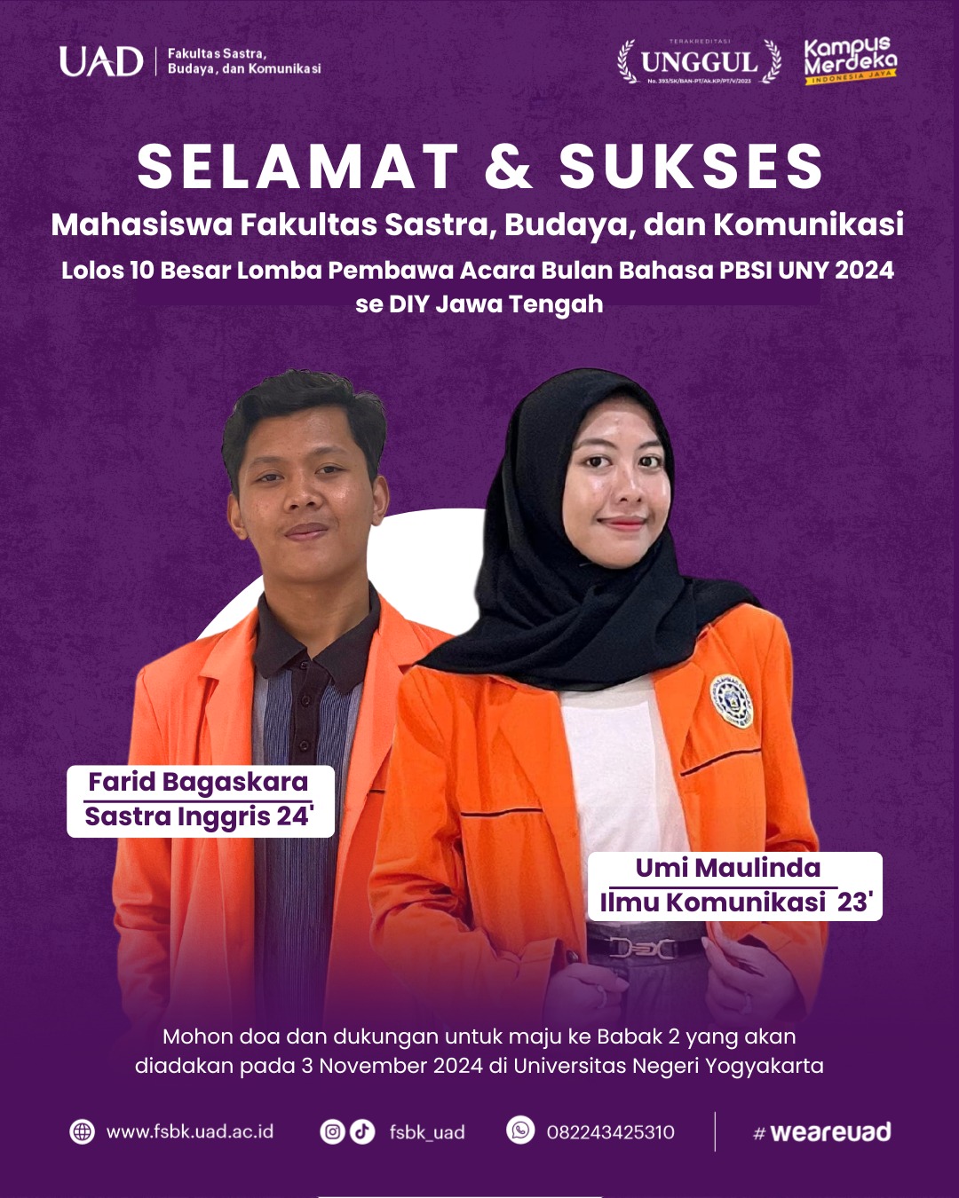 Mahasiswa FSBK UAD Melaju ke Babak 2 dalam Ajang Lomba Pembawa Acara Bulan Bahasa PBSI UNY 2024 ...